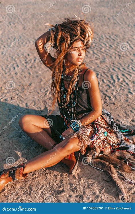 Young Hippie Style Woman On The Beach At Sunset Stock Image Image Of