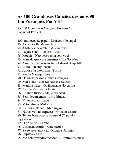 100 Melhores Canções Dos Anos 90 Pdf Músicos Música Em Espanhol