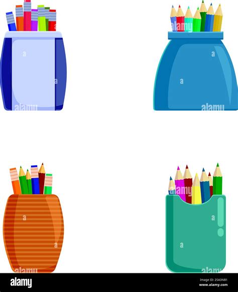 Set Of Four Different Pencil Holders Filled With Multicolored Pencils