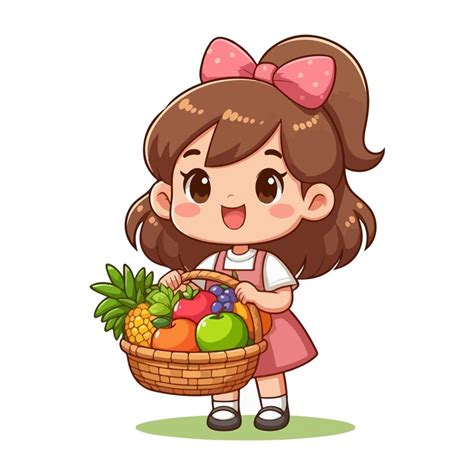 A Cartoon Girl With A Basket Of Friuts Premium Ai Generated Vector