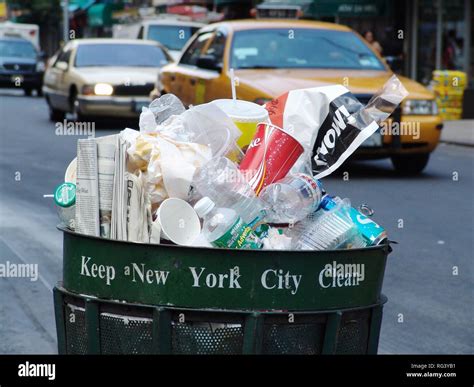 Usa United States Of America New York City Full Garbage Can Stock