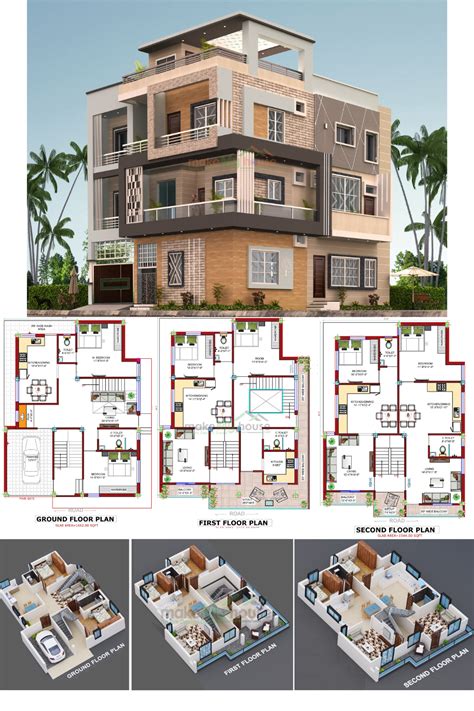 House Elevation Floor Plan And 3d Cut Section In 2025 Building Design Plan Architect Design