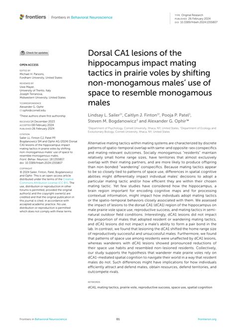 Pdf Dorsal Ca1 Lesions Of The Hippocampus Impact Mating Tactics In