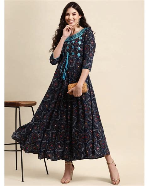 Navy Rayon Printed Gown Dress Anokhi Mu