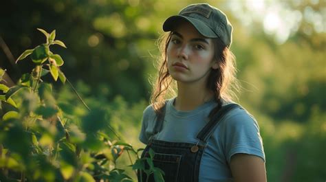 Caucasian Female Farmer Wearing Overalls Working In The Garden