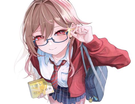 Safebooru 1girl Adjusting Eyewear Bag Blush Book Breasts Brown Hair