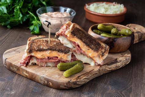 Close Up Of A Grilled Cheese Reuben Sandwich On Marble Rye Bread Ready