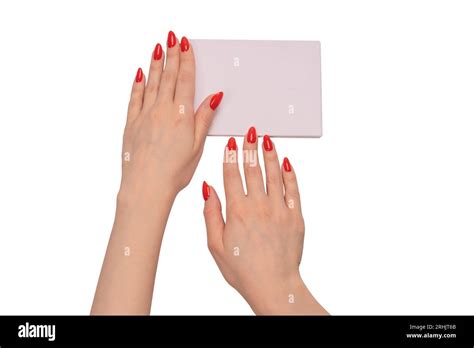 A Notebook With Empty White Paper In Woman Hands With Red Nails Copy