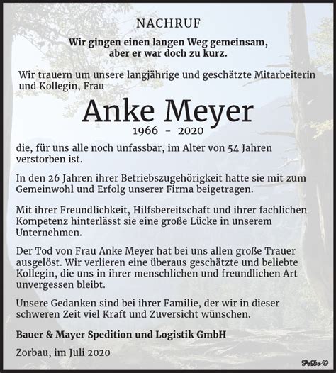 Traueranzeigen Von Anke Meyer Abschied Nehmende