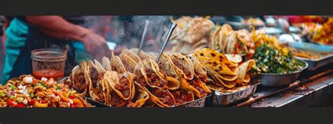 Assorted Tacos For Sale At Bustling Mexican Street Food Stand Stock