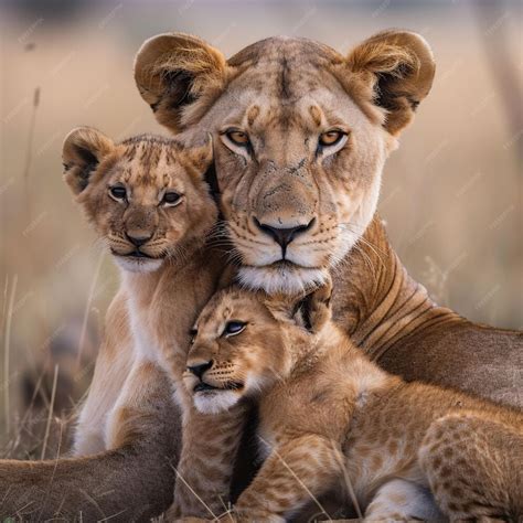 Lioness And Two Cubs Resting In African Savanna Premium Ai Generated