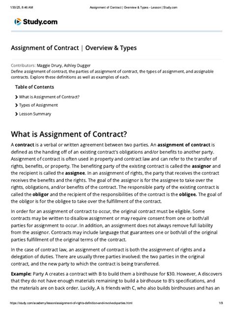 004 Assignment Of Contract Overview And Types Lesson Study Pdf