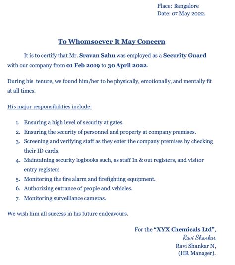 Safety Officer Experience Certificate