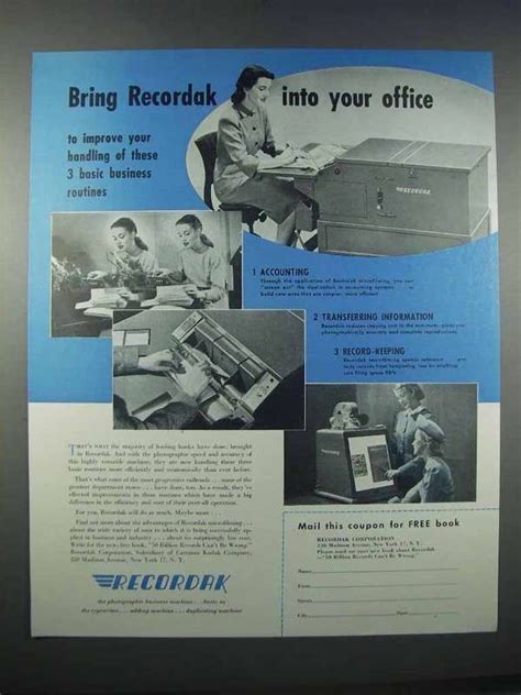 1946 Kodak Recordak Microfilm Ad Bring Into Office 1940 49