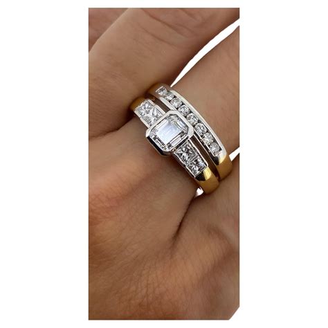 Two Tone 18k Gold Wedding Set 100ct Emerald Cut Diamond Ring And