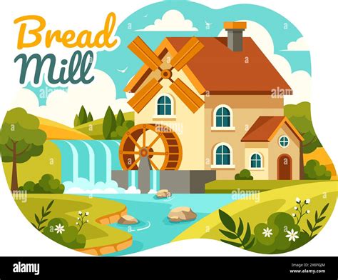 Bread Mill Vector Illustration With Wheat Sacks Various Breads And Windmill For Product Bakery
