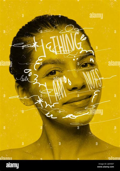 Eccentric Young Girls Portrait With White Lettering Expressing Mental