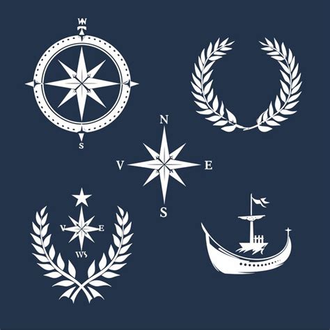 White Flat Minimalist Icons Of Compass Crest And Wreath Premium Ai
