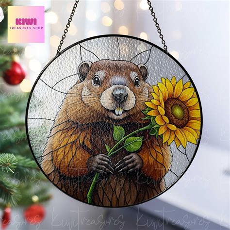 Groundhog With Sunflower Glass Suncatcher Animal Lover Decor Etsy