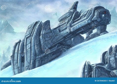 Snowy Planet Sci Fi Landscape With Vehicle Or Station Ai Art Stock Illustration Illustration