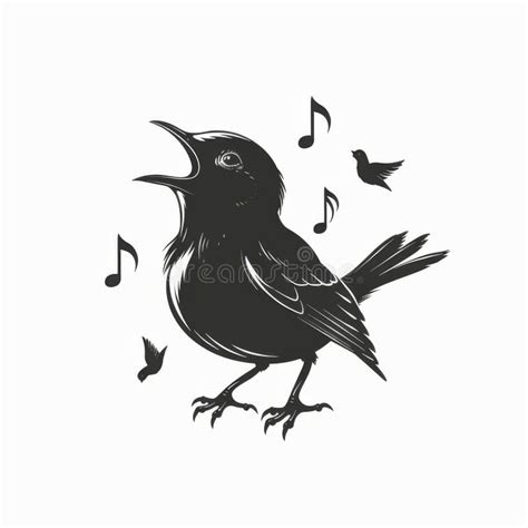 Illustrated Singing Bird Perched On Branch With Falling Leaves And