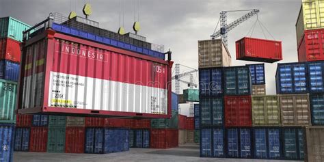 Cargo Container With Flag Of Indonesia Lifted By Crane At Freight