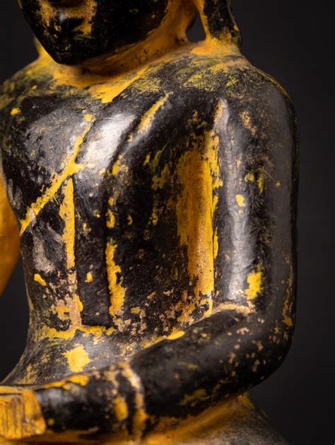 14th Century Antique Wooden Burmese Monk Statue In Ava Style