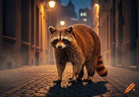 A Wide Eyed Photorealistic Raccoon Stands On A Wet Grimy Urban
