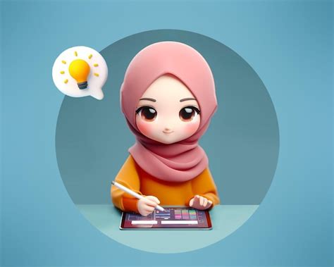 Premium Psd 3d Cute Character Of Female Hijab Girl As Illustrator Drawing An Digital