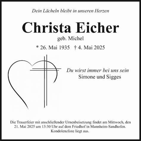 Traueranzeigen Von Christa Eicher Trauerportal Ihrer Tageszeitung