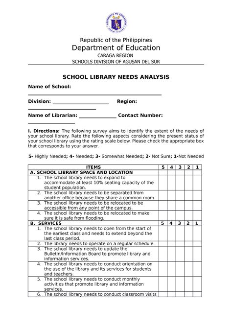 School Library Needs Analysis Republic Of The Philippines Department Of Education Caraga