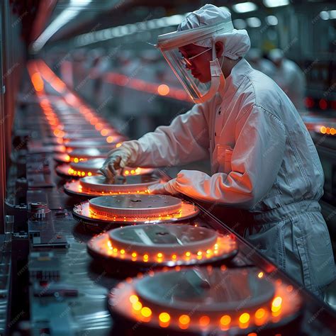 Premium Photo Futuristic Semiconductor Manufacturing Facility With Technician In Cleanroom Suit
