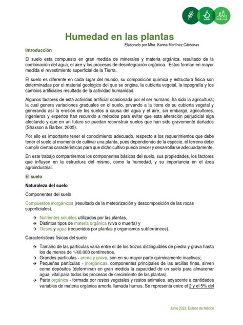 Humedad Del Suelo Y Su Importancia Agrícola Pdf Suelo Agua