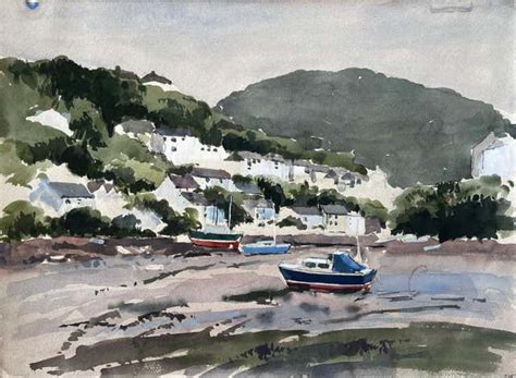 Anthony Herbert 1981 Watercolour Of Axmouth East Devon With Boats Red Roofs And Estuary View