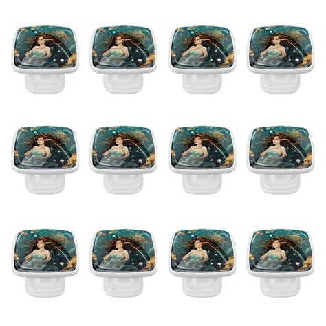 12 Packs Mermaid Cabinet Knobs Pull Hardware Handle Square Drawer Knobs For Kitchen Cupboard