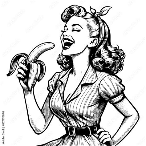 Cheerful Woman Eating A Banana Capturing Vintage Fashion And Joyful