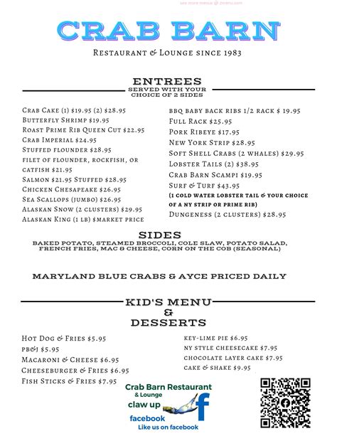 Online Menu Of Crab Barn Restaurant Millsboro Delaware 19966 Zmenu