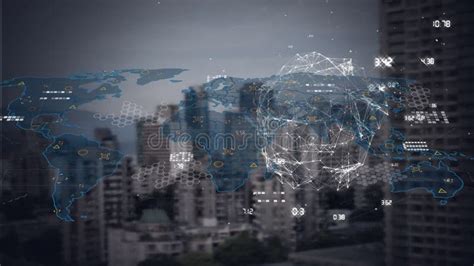 animation of shape and cityscape over world map and data processing stock footage video of