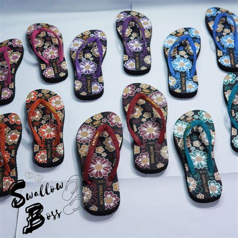 Jual Sandal Jepit Wanita Cewek Motif Bunga Lucu Warna Unik Sendal Swallow Karet Tebal Empuk