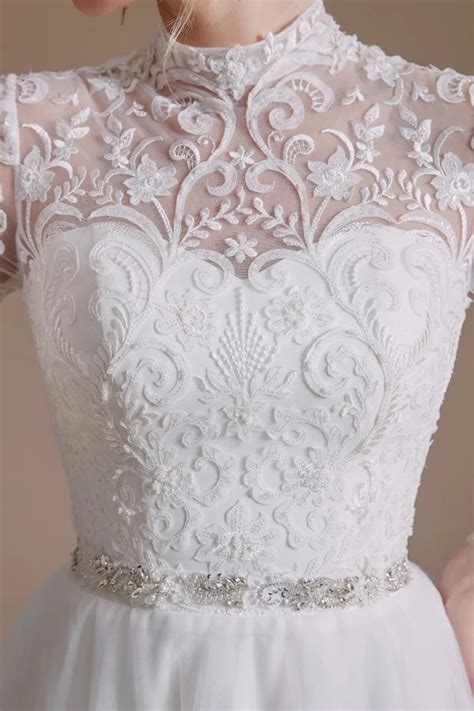 Modest A Line High Neck Long Sleeves Wedding Dress With Tulle Lace