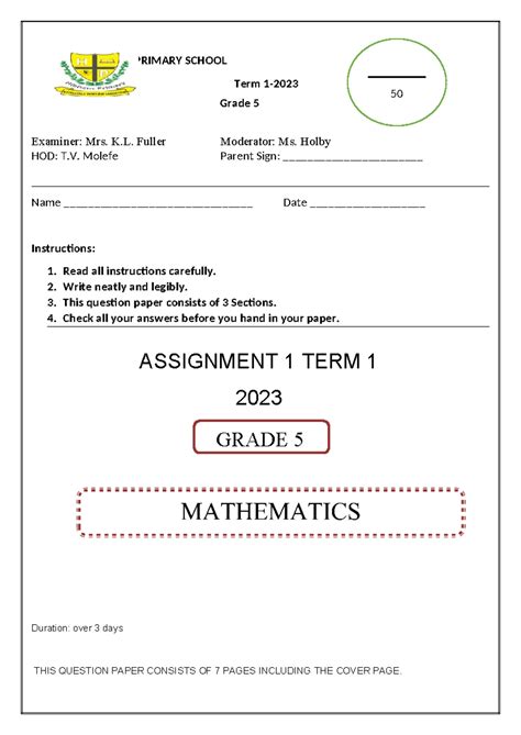 2023 Grade 5 Maths Assignment Term 1 Hibiscus Primary School Term 1 Grade 5 Examiner Mrs K
