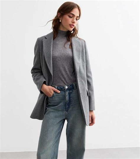 Grey Textured Single Breasted Oversized Blazer New Look