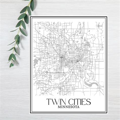 Black And White Twin Cities Map Art Print Digital Pdf Download Etsy