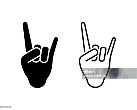 바위 손 기호 제스처 벡터 일러스트 아이콘 세트입니다 두 손가락 주먹 헤비메탈 혼 라인 윤곽선 컷 아웃 블랙 화이트 실루엣 픽토그램 검은색에 대한 스톡 벡터 아트 및 기타