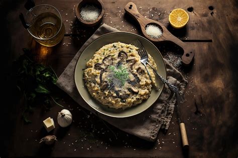 Premium Ai Image Mushroom Risotto On An Aged Wooden Backdrop Rustic