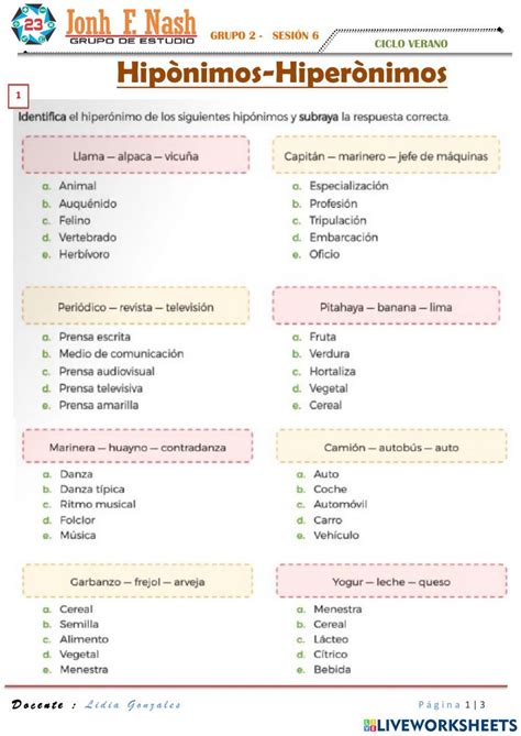 Ejercicio De Hipónimos E Hiperónimos