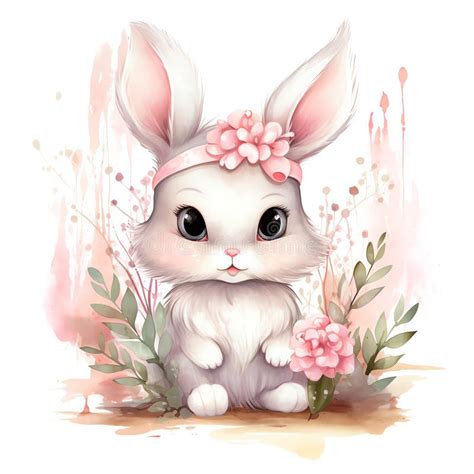 Woodland Elf Cute Bunny Pink Cute Bunny Watercolor Stock Illustration