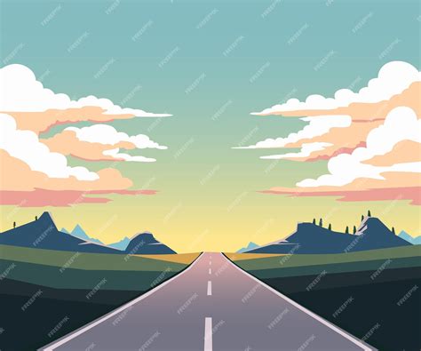 Premium Vector Flat Road With Sky And Beautiful Scenery Landscape Illustration