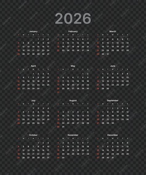 Calendario Mensual 2026 Semana Comienza El Domingo Plantilla De Diseño