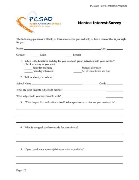 Mentee Interest Survey Pcsao Peer Mentoring Program Pdf